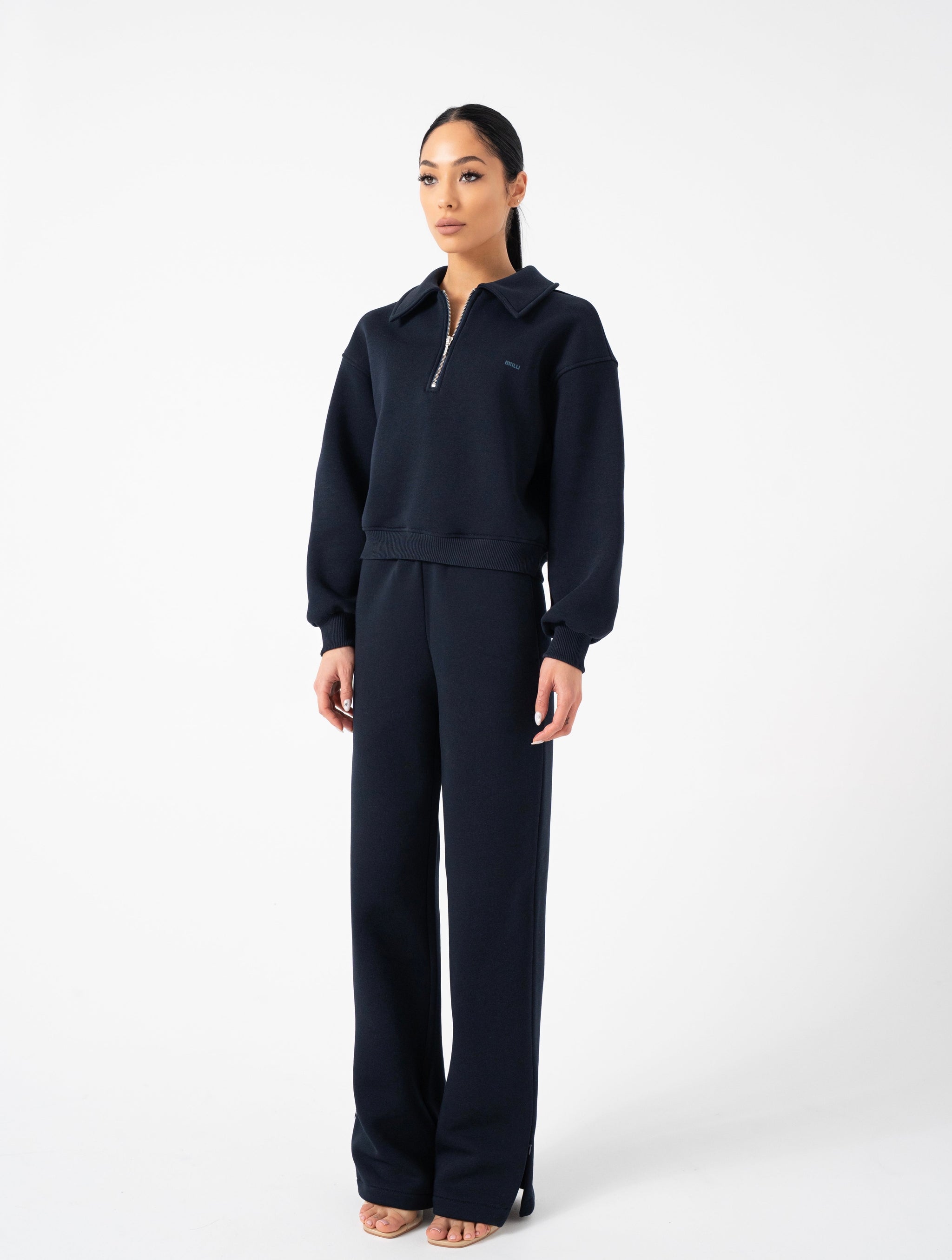 Navy Blue Wide Leg Zip Pants